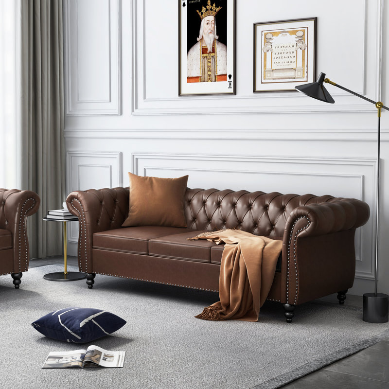 Elaiza Arm Sofa Upholstered Rolled Arm Chesterfield Sofa PU Rolled Arm Chesterfield Three Seater Sofa Canora Grey Upholstery Color Dark Brown Faux